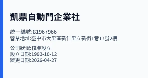 凱鼎自動門企業社的照片-統編 81967966(臺中市) 公司登記資料與營業項目詳細圖表
