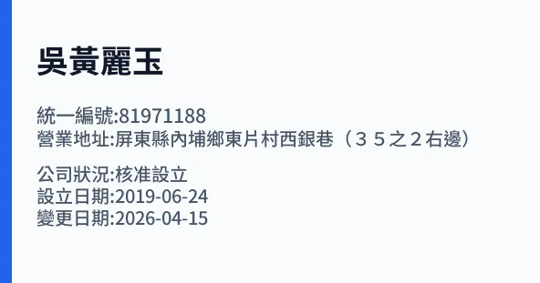 吳黃麗玉的照片-統編 81971188(屏東縣) 公司登記資料與營業項目詳細圖表