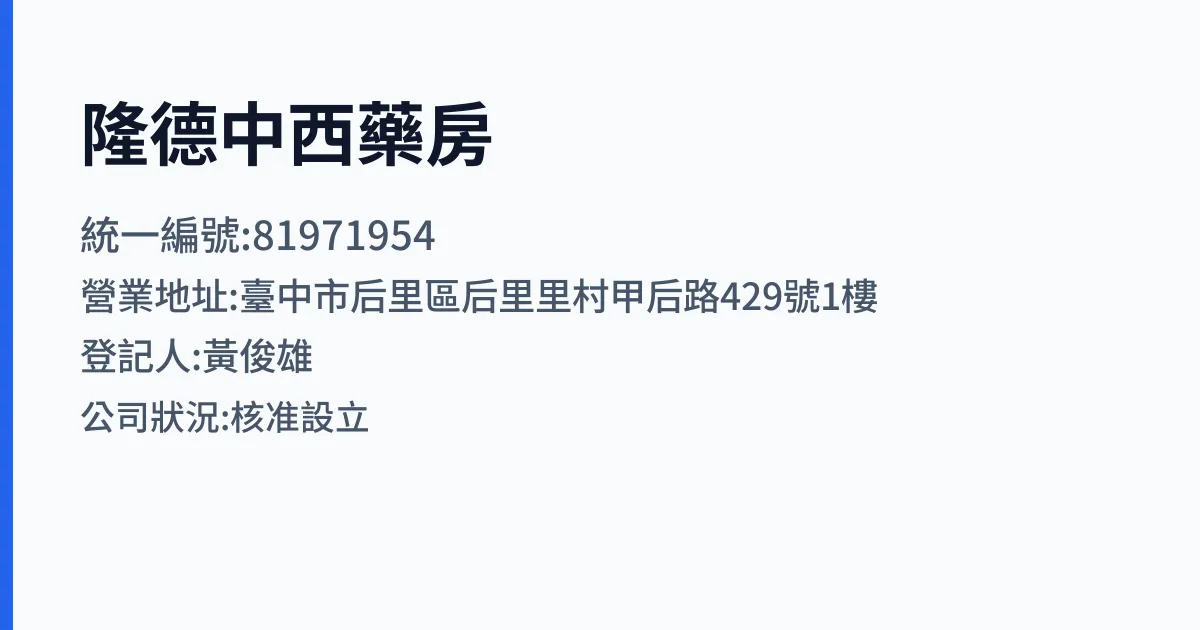隆德中西藥房 - 統編 81971954(臺中市) 公司登記資料與營業項目詳細圖表
