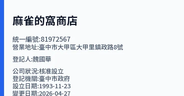 麻雀的窩商店的照片-統編 81972567(臺中市) 公司登記資料與營業項目詳細圖表