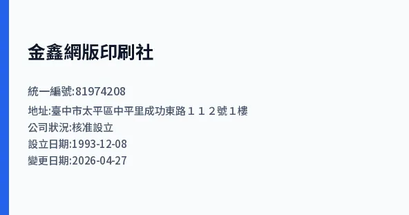 金鑫網版印刷社的照片-統編 81974208(臺中市) 公司登記資料與營業項目詳細圖表