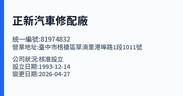 正新汽車修配廠的照片-統編 81974832(臺中市) 公司登記資料與營業項目詳細圖表
