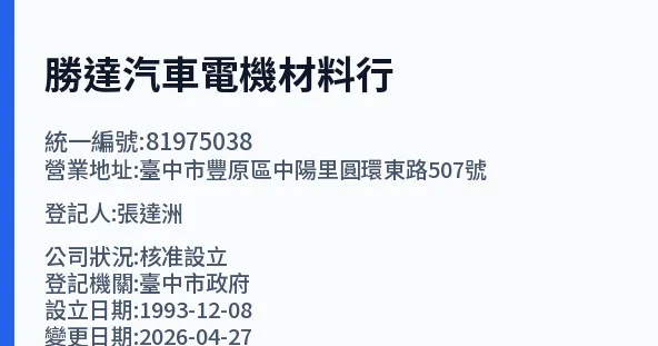 勝達汽車電機材料行的照片-統編 81975038(臺中市) 公司登記資料與營業項目詳細圖表