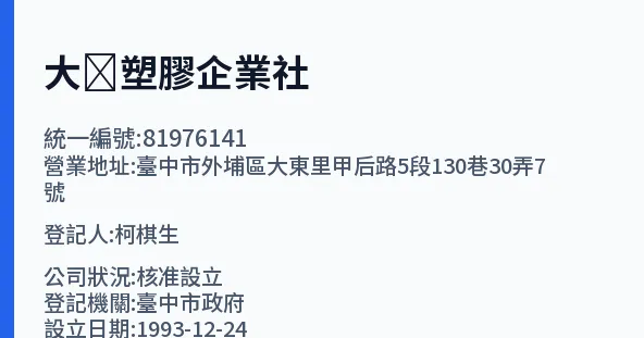 大雧塑膠企業社的照片-統編 81976141(臺中市) 公司登記資料與營業項目詳細圖表