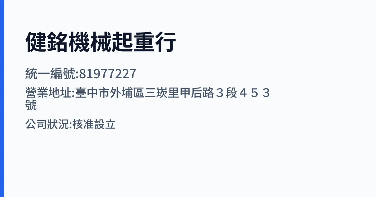 健銘機械起重行 - 統編 81977227(臺中市) 公司登記資料與營業項目詳細圖表