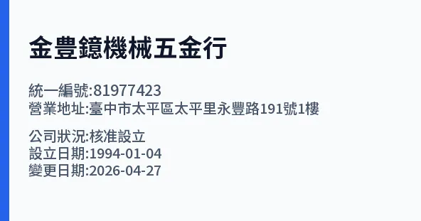金豊鐿機械五金行的照片-統編 81977423(臺中市) 公司登記資料與營業項目詳細圖表