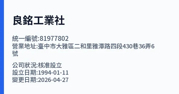 良銘工業社的照片-統編 81977802(臺中市) 公司登記資料與營業項目詳細圖表