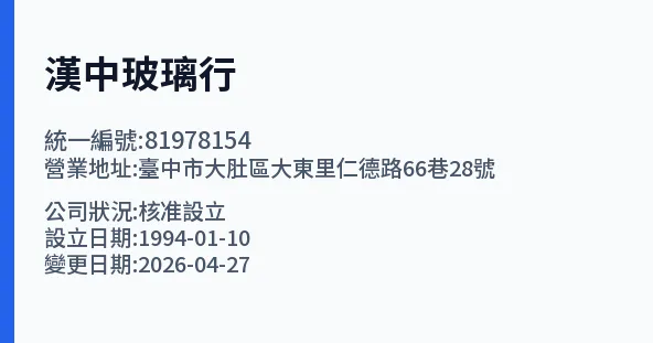 漢中玻璃行的照片-統編 81978154(臺中市) 公司登記資料與營業項目詳細圖表