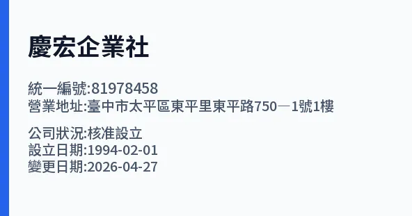 慶宏企業社的照片-統編 81978458(臺中市) 公司登記資料與營業項目詳細圖表