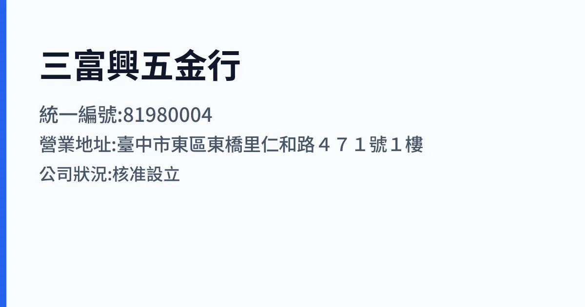 三富興五金行 - 統編 81980004(臺中市) 公司登記資料與營業項目詳細圖表