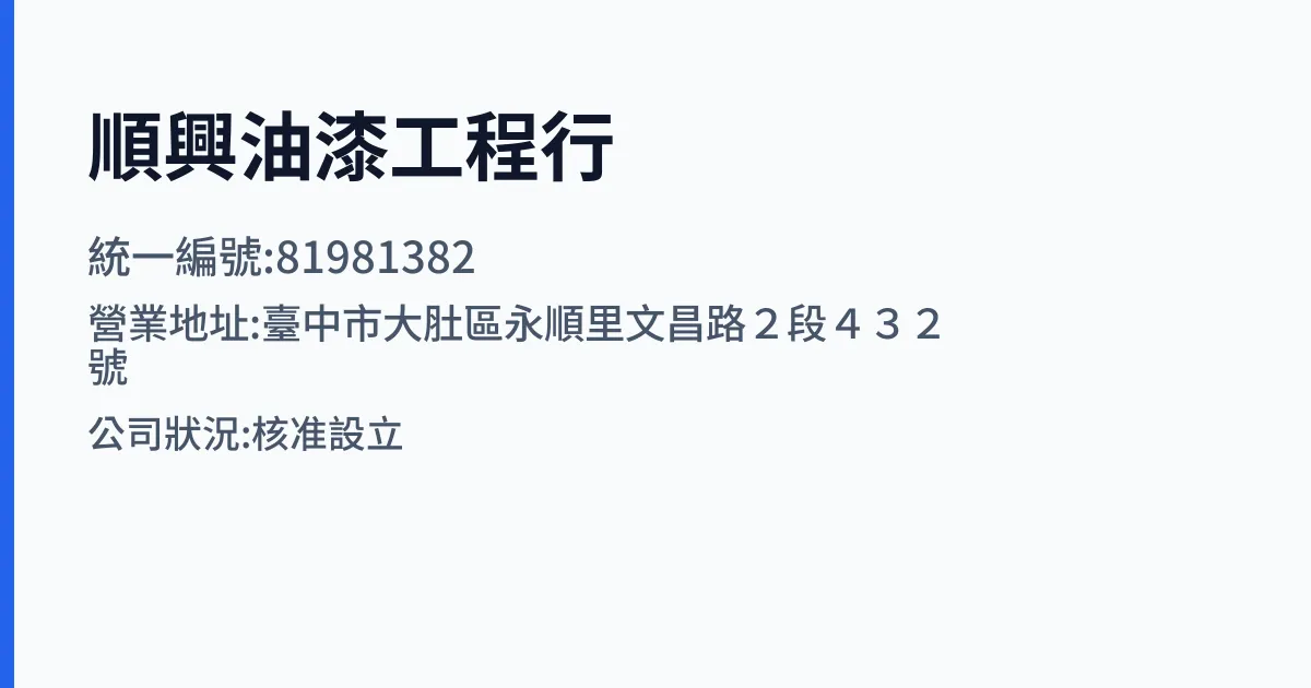 順興油漆工程行 - 統編 81981382(臺中市) 公司登記資料與營業項目詳細圖表