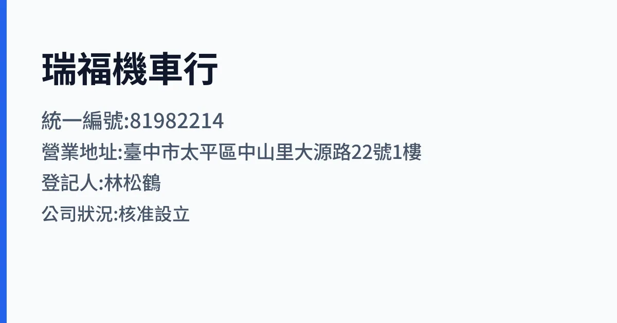 瑞福機車行 - 統編 81982214(臺中市) 公司登記資料與營業項目詳細圖表