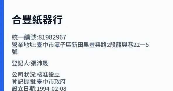 合豐紙器行的照片-統編 81982967(臺中市) 公司登記資料與營業項目詳細圖表