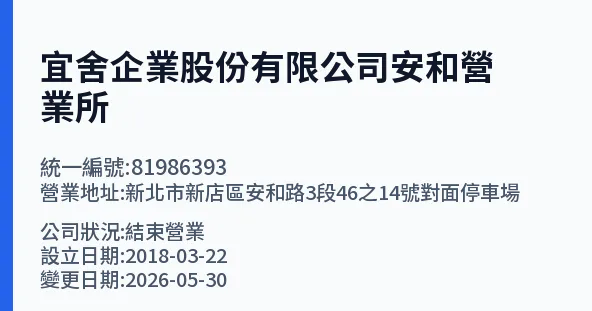 宜舍企業股份有限公司安和營業所的照片-統編 81986393(新北市) 公司登記資料與營業項目詳細圖表