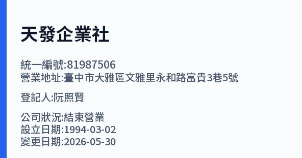 天發企業社的照片-統編 81987506(臺中市) 公司登記資料與營業項目詳細圖表