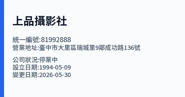 上品攝影社的照片-統編 81992888(臺中市) 公司登記資料與營業項目詳細圖表
