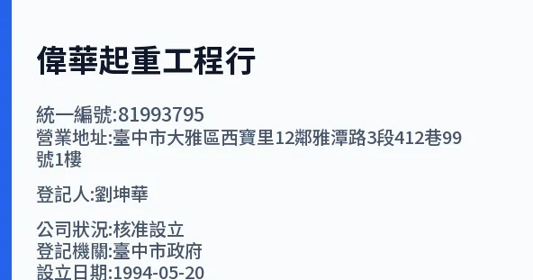 偉華起重工程行的照片-統編 81993795(臺中市) 公司登記資料與營業項目詳細圖表