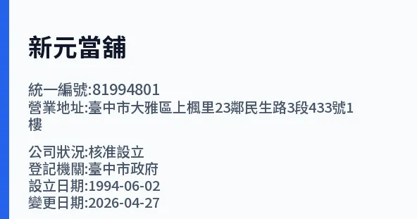 新元當舖的照片-統編 81994801(臺中市) 公司登記資料與營業項目詳細圖表