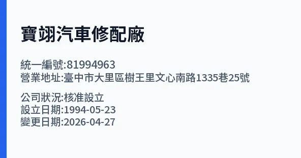 寶翊汽車修配廠的照片-統編 81994963(臺中市) 公司登記資料與營業項目詳細圖表