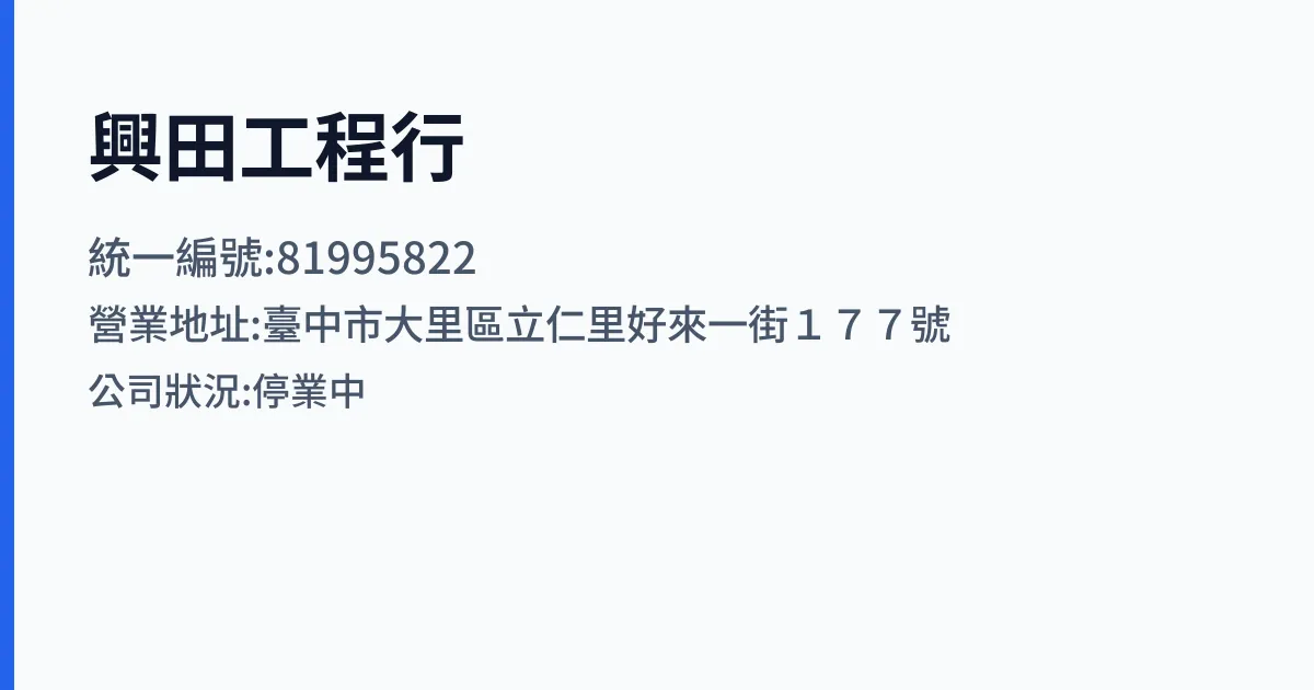 興田工程行 - 統編 81995822(臺中市) 公司登記資料與營業項目詳細圖表