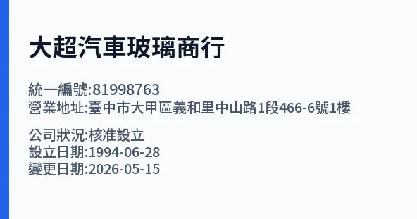 大超汽車玻璃商行的照片-統編 81998763(臺中市) 公司登記資料與營業項目詳細圖表