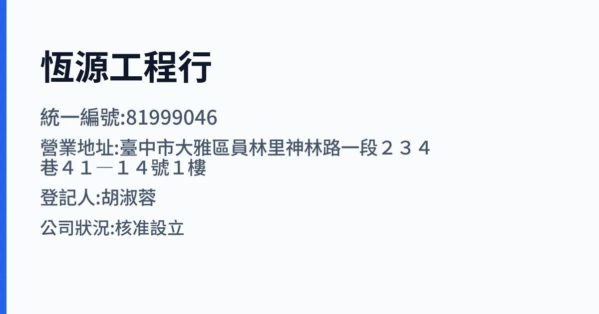 恆源工程行 - 統編 81999046(臺中市) 公司登記資料與營業項目詳細圖表