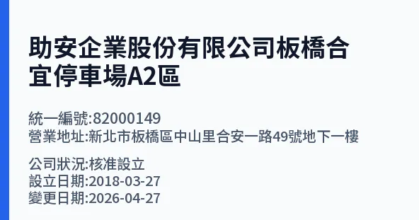助安企業股份有限公司板橋合宜停車場A2區的照片-統編 82000149(新北市) 公司登記資料與營業項目詳細圖表