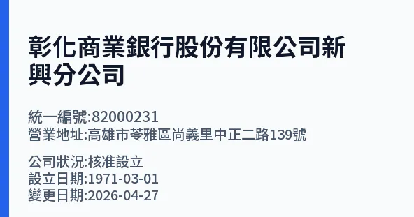 彰化商業銀行股份有限公司新興分公司的照片-統編 82000231(高雄市) 公司登記資料與營業項目詳細圖表