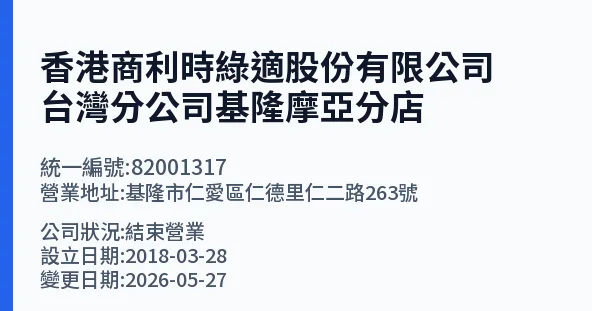 香港商利時綠適股份有限公司台灣分公司基隆摩亞分店的照片-統編 82001317(基隆市) 公司登記資料與營業項目詳細圖表