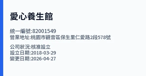 愛心養生館的照片-統編 82001549(桃園市) 公司登記資料與營業項目詳細圖表