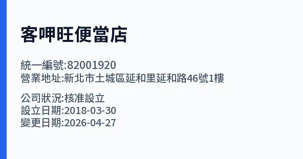 客呷旺便當店的照片-統編 82001920(新北市) 公司登記資料與營業項目詳細圖表
