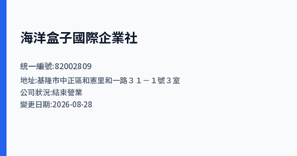 海洋盒子國際企業社的照片-統編 82002809(基隆市) 公司登記資料與營業項目詳細圖表