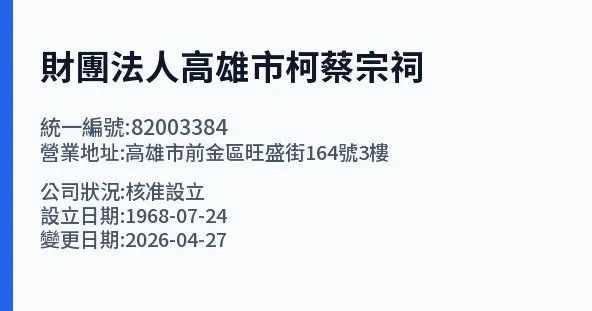 財團法人高雄市柯蔡宗祠的照片-統編 82003384(高雄市) 公司登記資料與營業項目詳細圖表