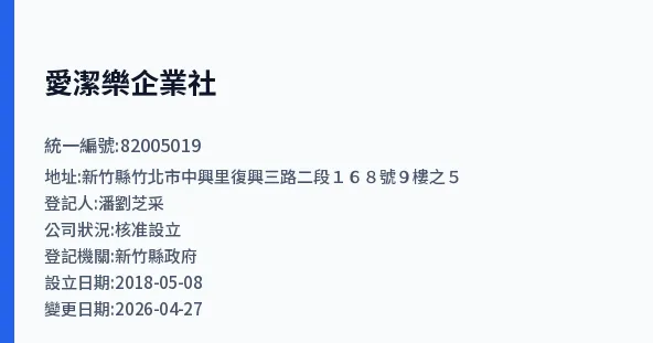 愛潔樂企業社的照片-統編 82005019(新竹縣) 公司登記資料與營業項目詳細圖表