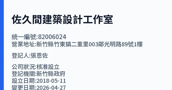 佐久間建築設計工作室的照片-統編 82006024(新竹縣) 公司登記資料與營業項目詳細圖表