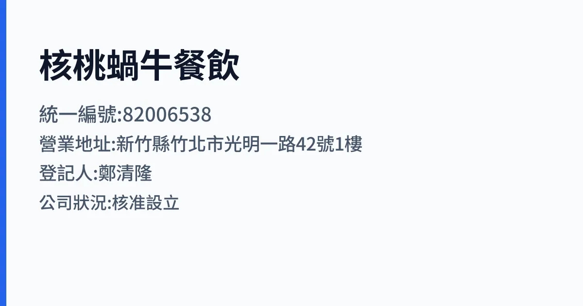 核桃蝸牛餐飲 - 統編 82006538(新竹縣) 公司登記資料與營業項目詳細圖表