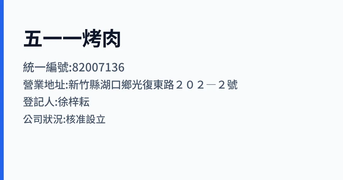 五一一烤肉 - 統編 82007136(新竹縣) 公司登記資料與營業項目詳細圖表