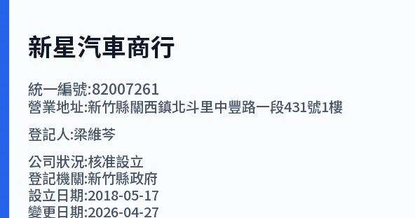新星汽車商行的照片-統編 82007261(新竹縣) 公司登記資料與營業項目詳細圖表