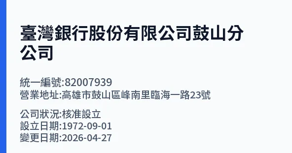 臺灣銀行股份有限公司鼓山分公司的照片-統編 82007939(高雄市) 公司登記資料與營業項目詳細圖表