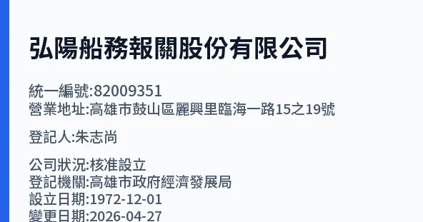 弘陽船務報關股份有限公司的照片-統編 82009351(高雄市) 公司登記資料與營業項目詳細圖表