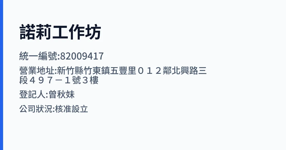 諾莉工作坊 - 統編 82009417(新竹縣) 公司登記資料與營業項目詳細圖表