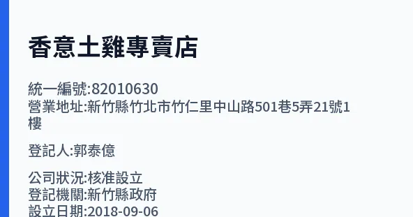 香意土雞專賣店的照片-統編 82010630(新竹縣) 公司登記資料與營業項目詳細圖表