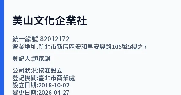 美山文化企業社的照片-統編 82012172(新北市) 公司登記資料與營業項目詳細圖表