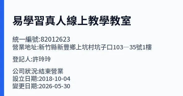 易學習真人線上教學教室的照片-統編 82012623(新竹縣) 公司登記資料與營業項目詳細圖表
