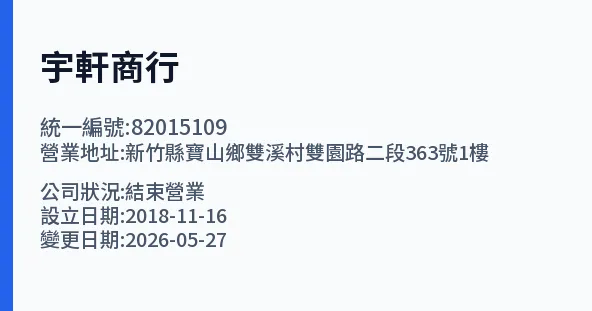 宇軒商行的照片-統編 82015109(新竹縣) 公司登記資料與營業項目詳細圖表