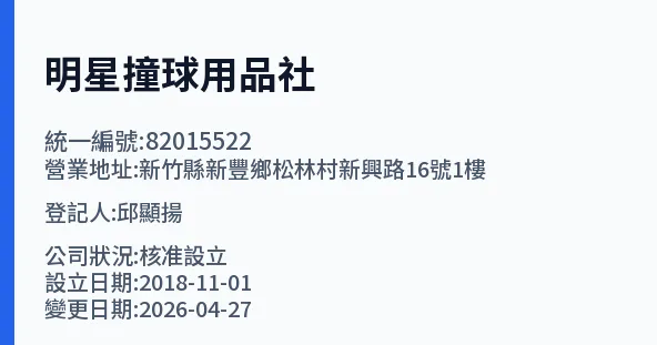 明星撞球用品社的照片-統編 82015522(新竹縣) 公司登記資料與營業項目詳細圖表