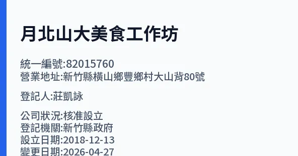 月北山大美食工作坊的照片-統編 82015760(新竹縣) 公司登記資料與營業項目詳細圖表
