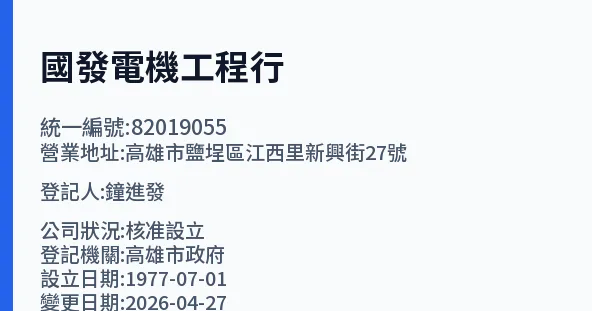 國發電機工程行的照片-統編 82019055(高雄市) 公司登記資料與營業項目詳細圖表