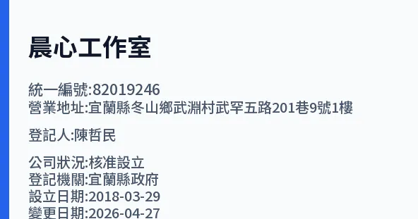 晨心工作室的照片-統編 82019246(宜蘭縣) 公司登記資料與營業項目詳細圖表