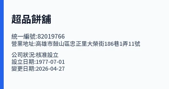 超品餅舖的照片-統編 82019766(高雄市) 公司登記資料與營業項目詳細圖表
